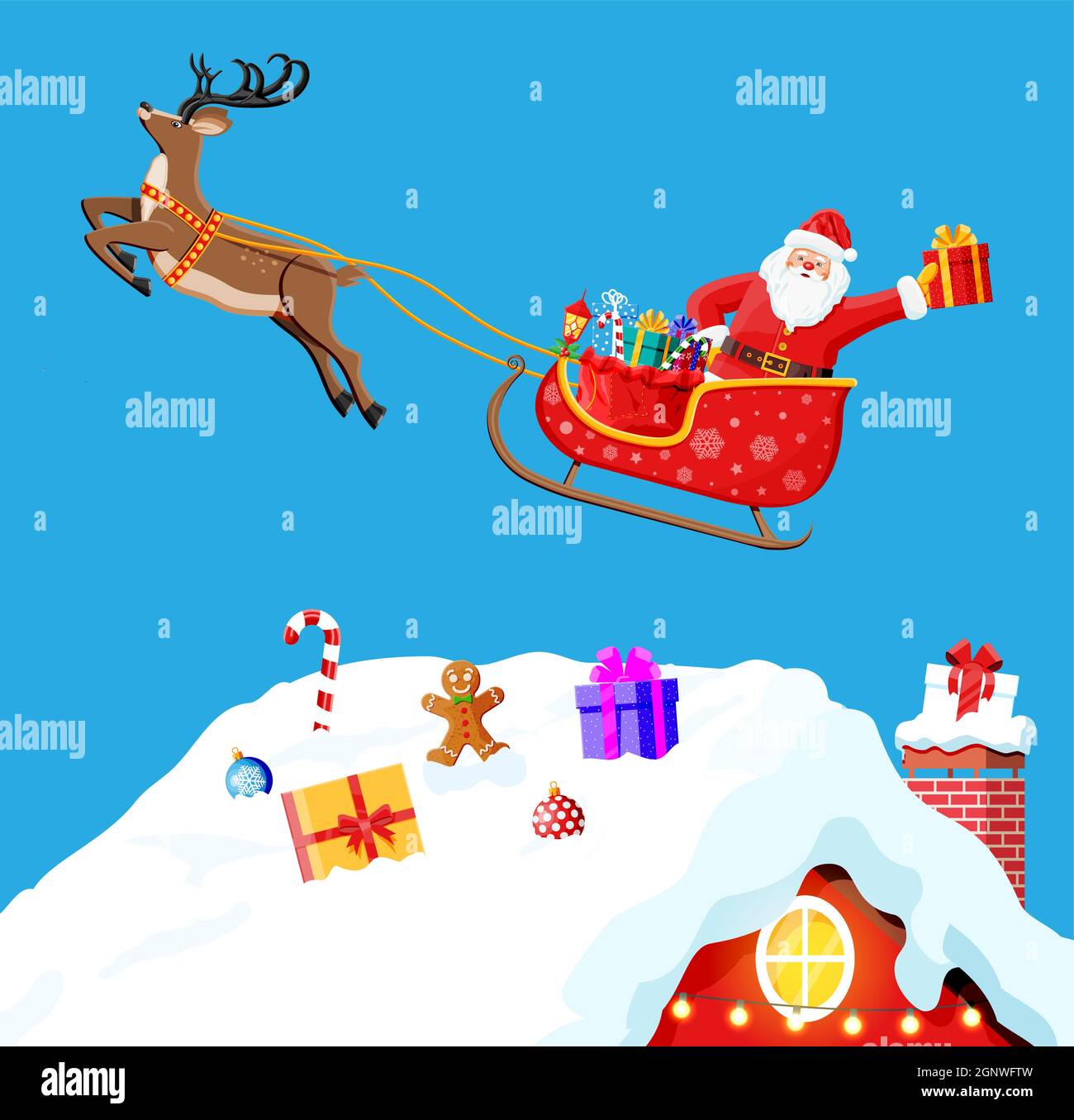 Christmas Card with Rooftop. Santa claus with gift Stock Vector Image ...