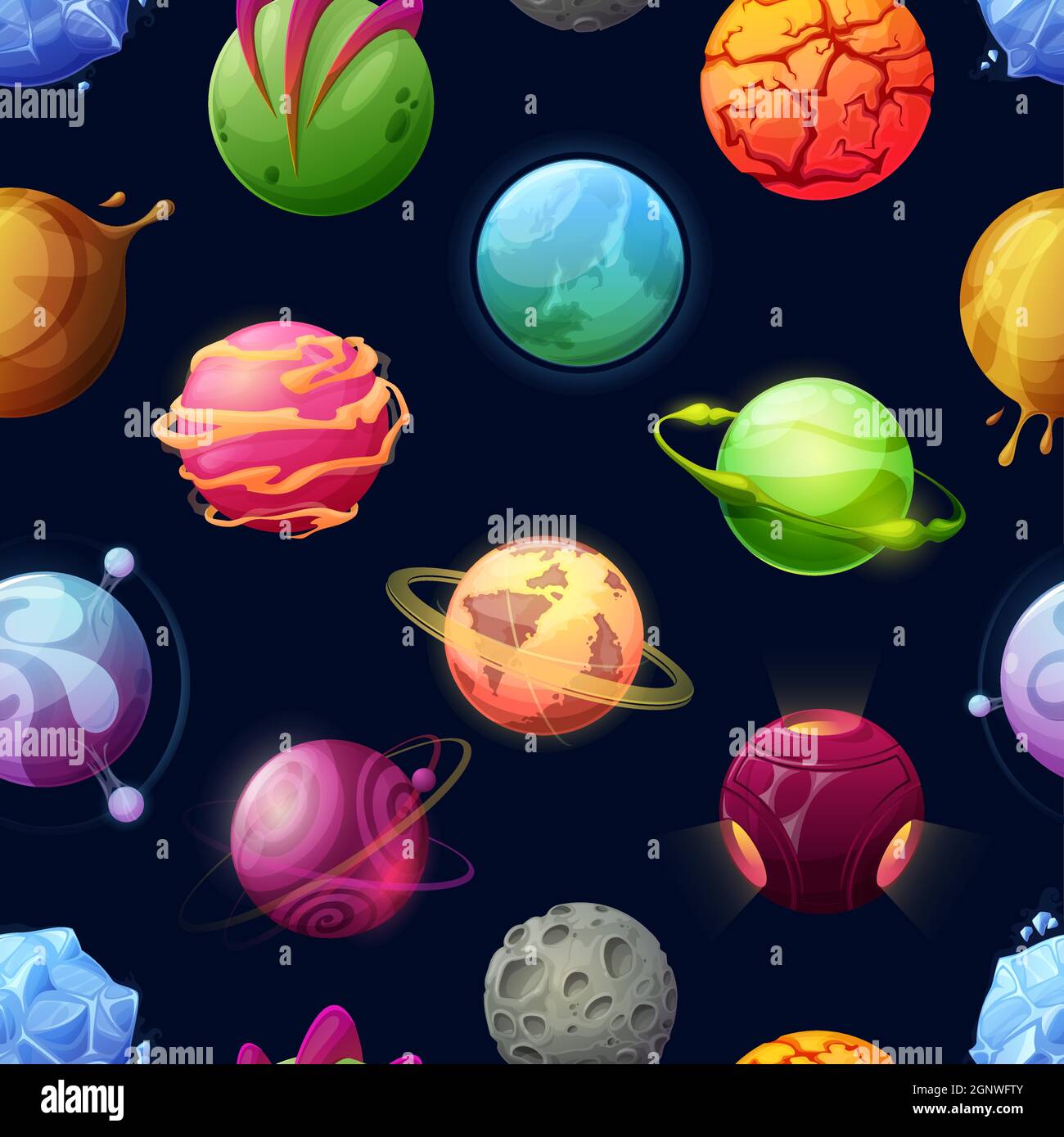 Cartoon space planets and stars seamless pattern. Futuristic vector ...