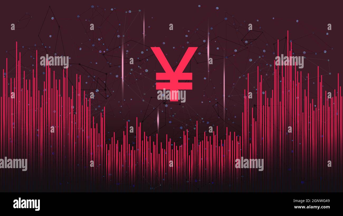 Yuan CNY token symbol on dark polygonal background with wave of lines ...