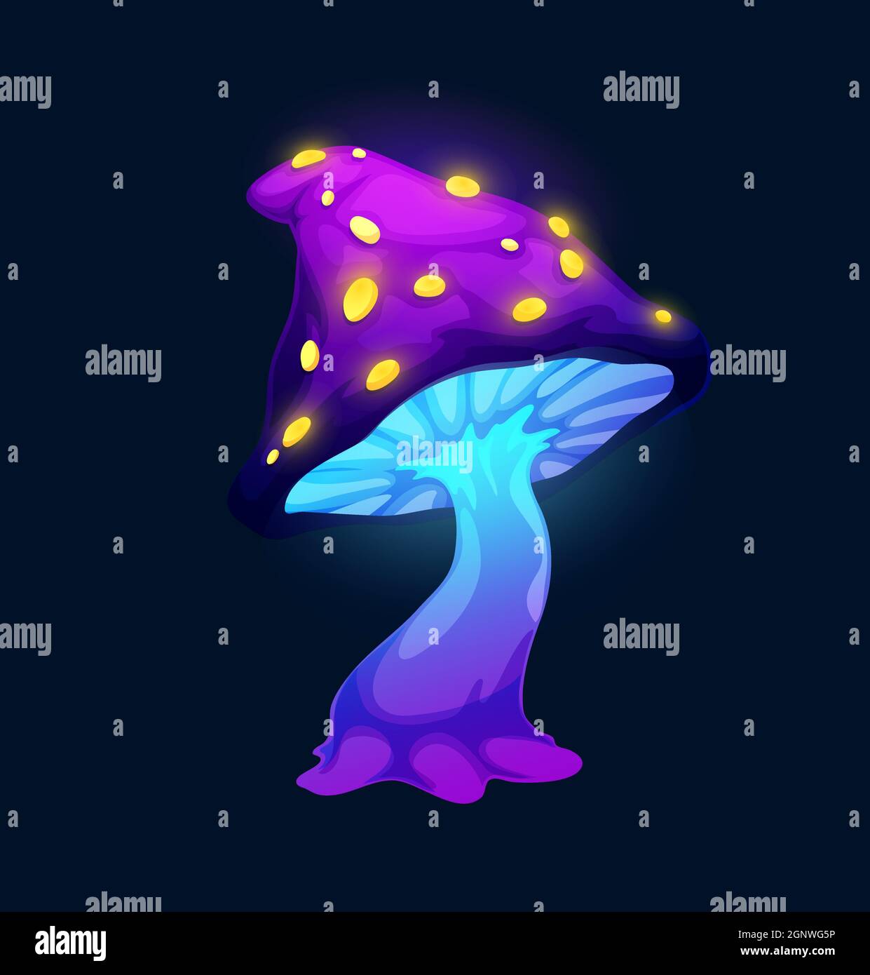 Fantasy magic purple mushroom with yellow growths, vector cartoon icon ...