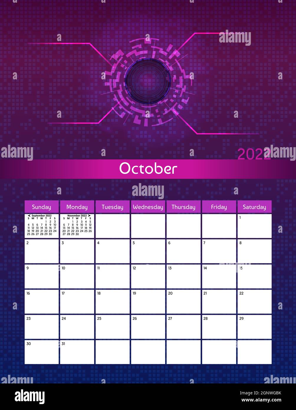 Us letter paper size vector futuristic monthly planner calendar October ...