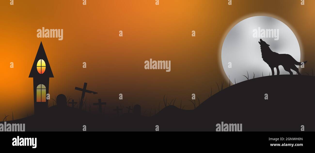 Halloween Concept background with a moon, castle, howling dog in full ...