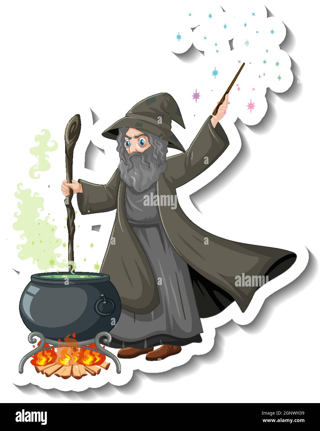 Old wizard brewing potion pot cartoon character sticker illustration ...
