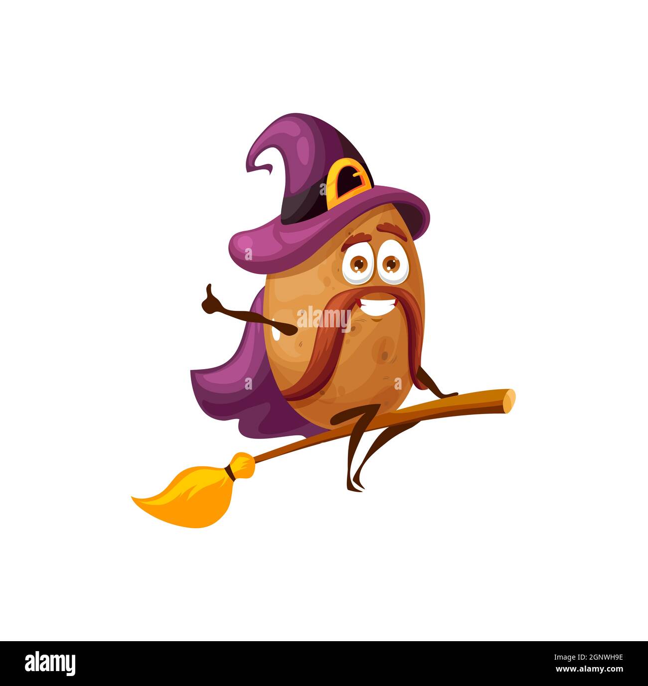 Potato wizard flying on magic broom in magician hat and cape isolated ...