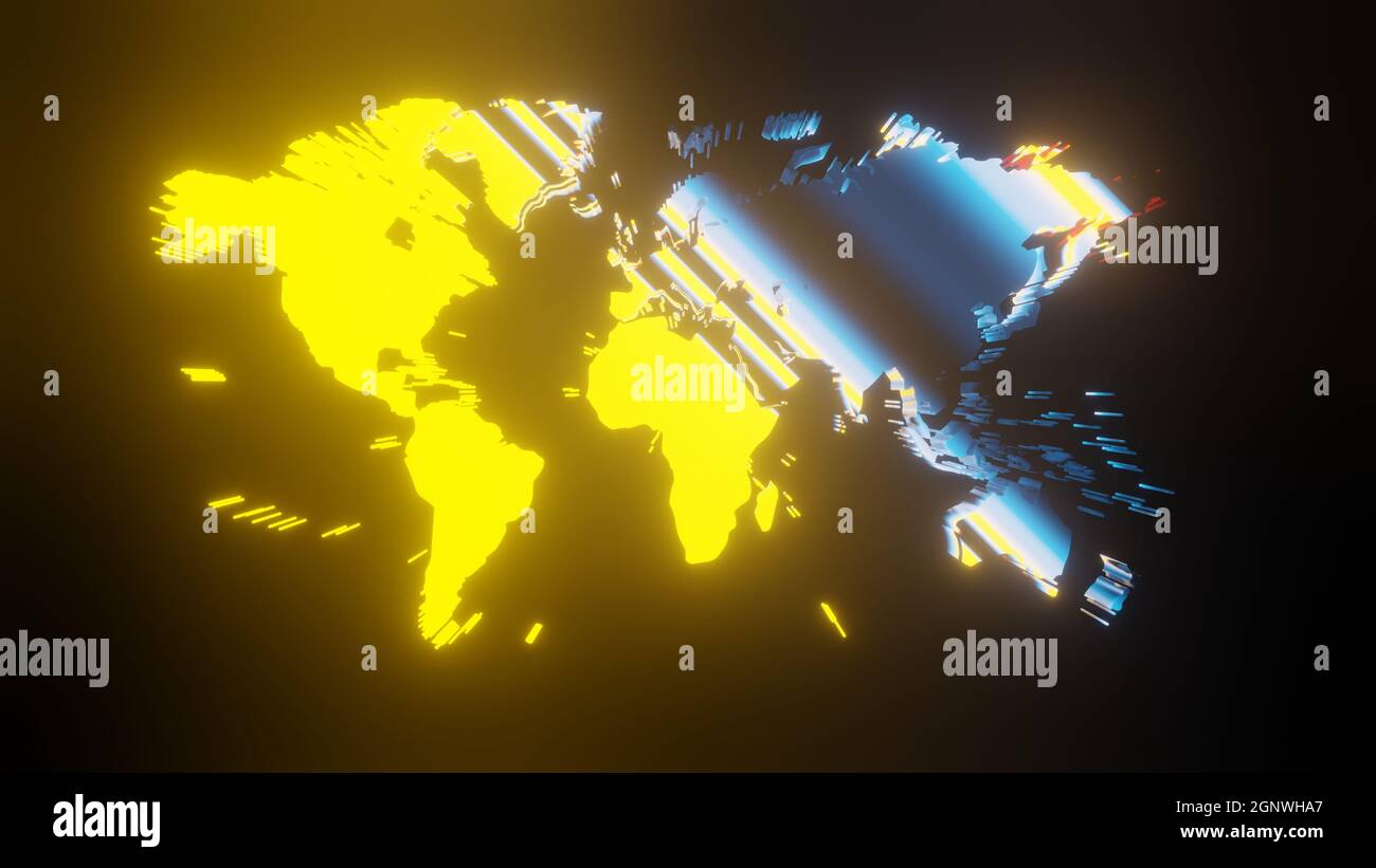 Digital render of an illuminated bright yellow and blue world map shape ...