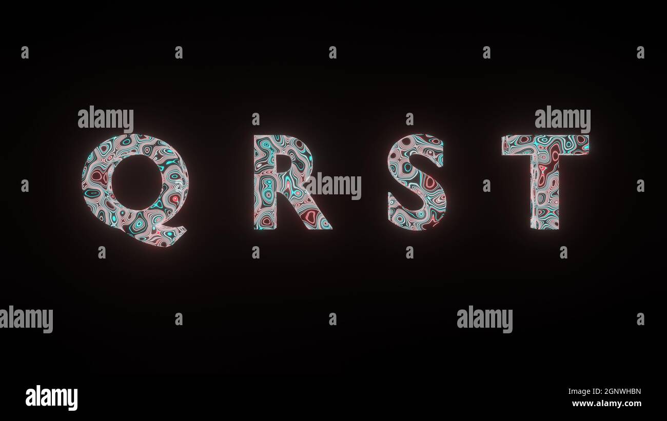 Digital render of the letters QRST with abstract patterns on a black ...