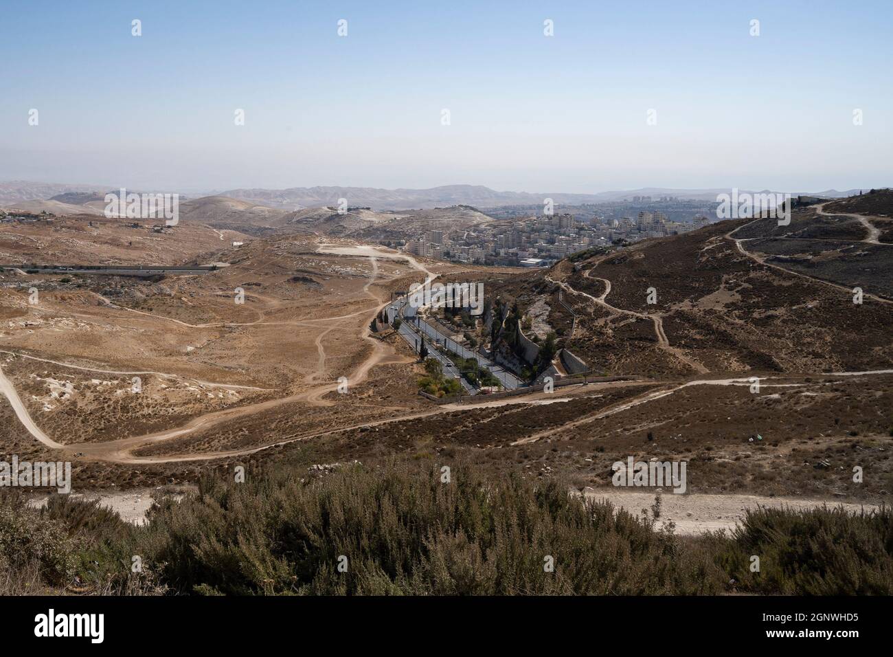 A panoramic view of the Judea desert, Israel. The arab village Al Zaim ...