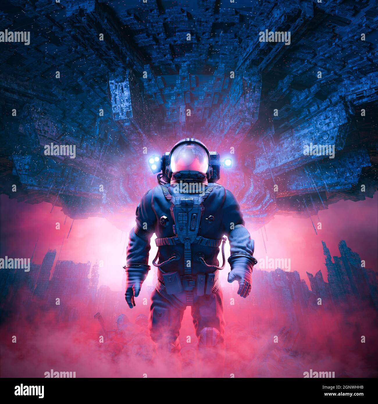 Astronaut exploring invaded ruins - 3D illustration of science fiction ...