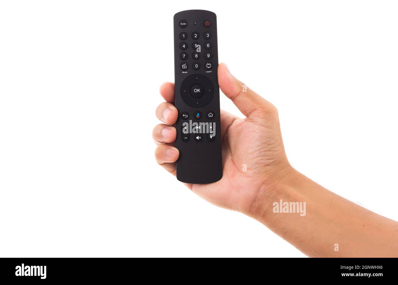 Hand holding television and audio remote control panel, studio shot ...
