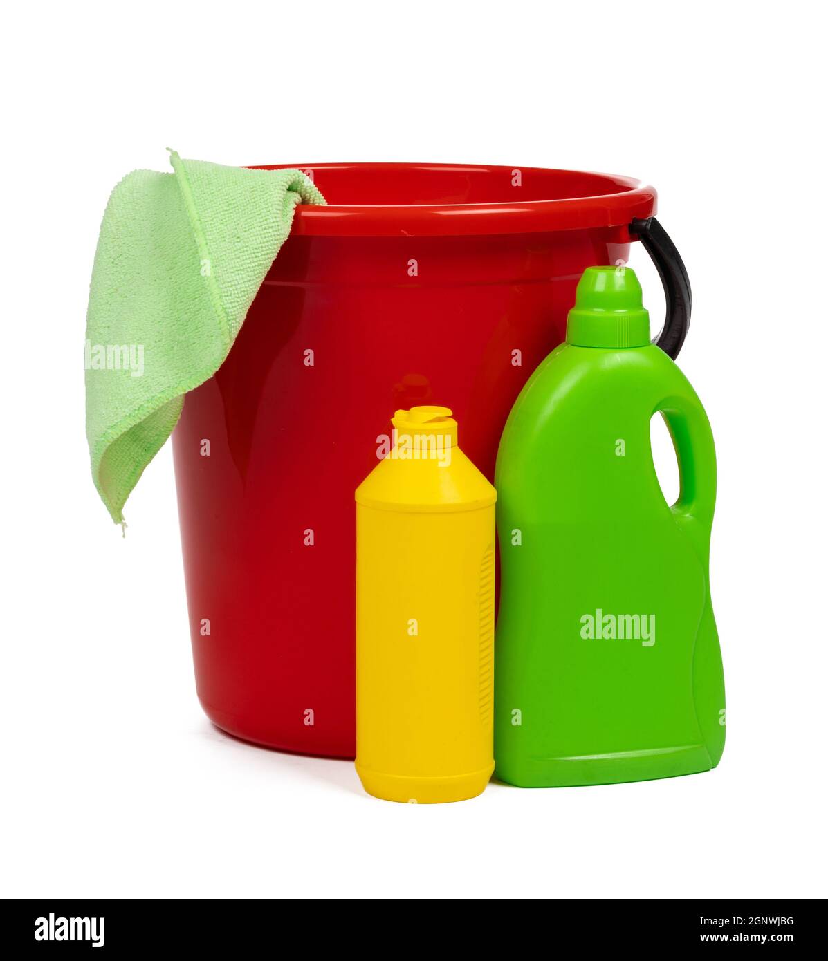 Cleaning tools and a red bucket isolated on white background Stock ...