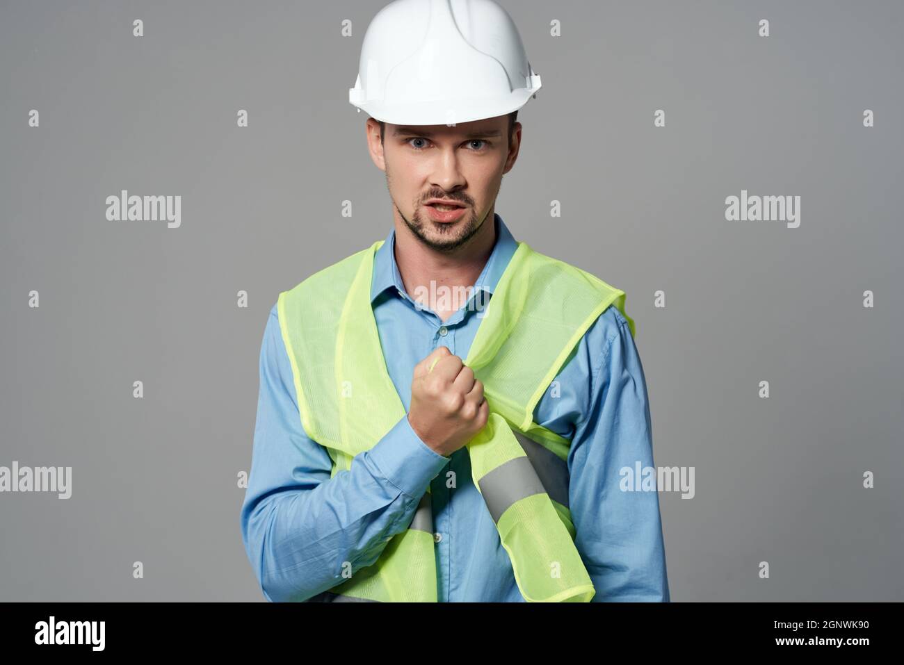 male builders blueprints builder isolated background Stock Photo - Alamy