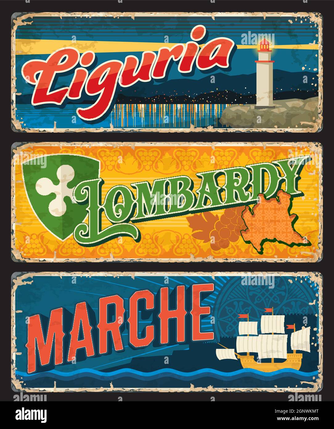 Liguria, Lombardy, Marche Italian regions vintage plates and stickers ...