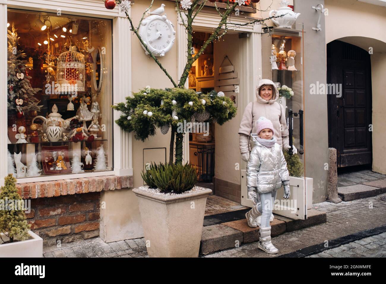 A family walks around the New Year's city of Vilnius.Lithuania Stock ...