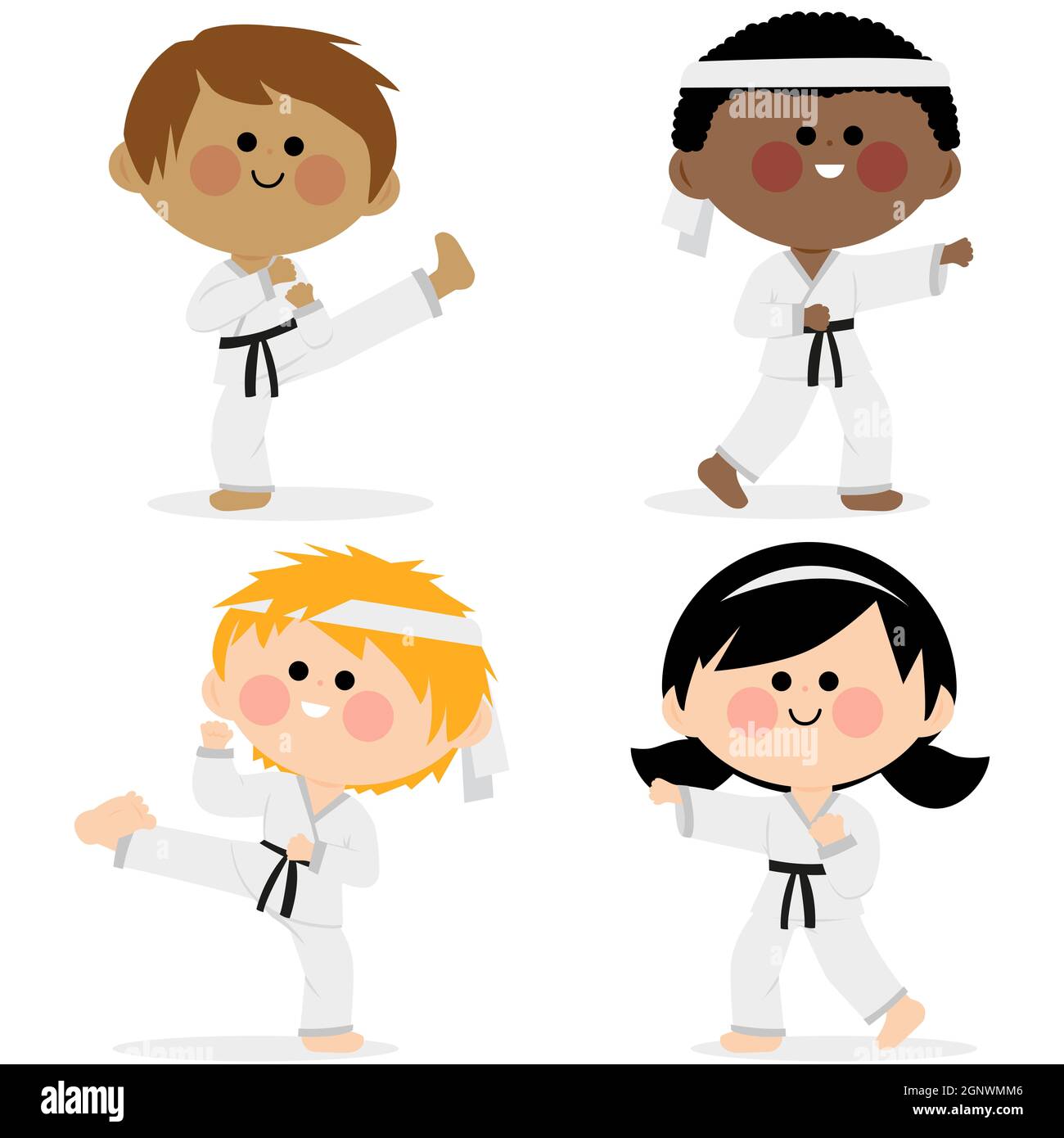 Group of children in martial arts uniforms. Karate, Taekwondo, judo, jujitsu, kickboxing, or ...