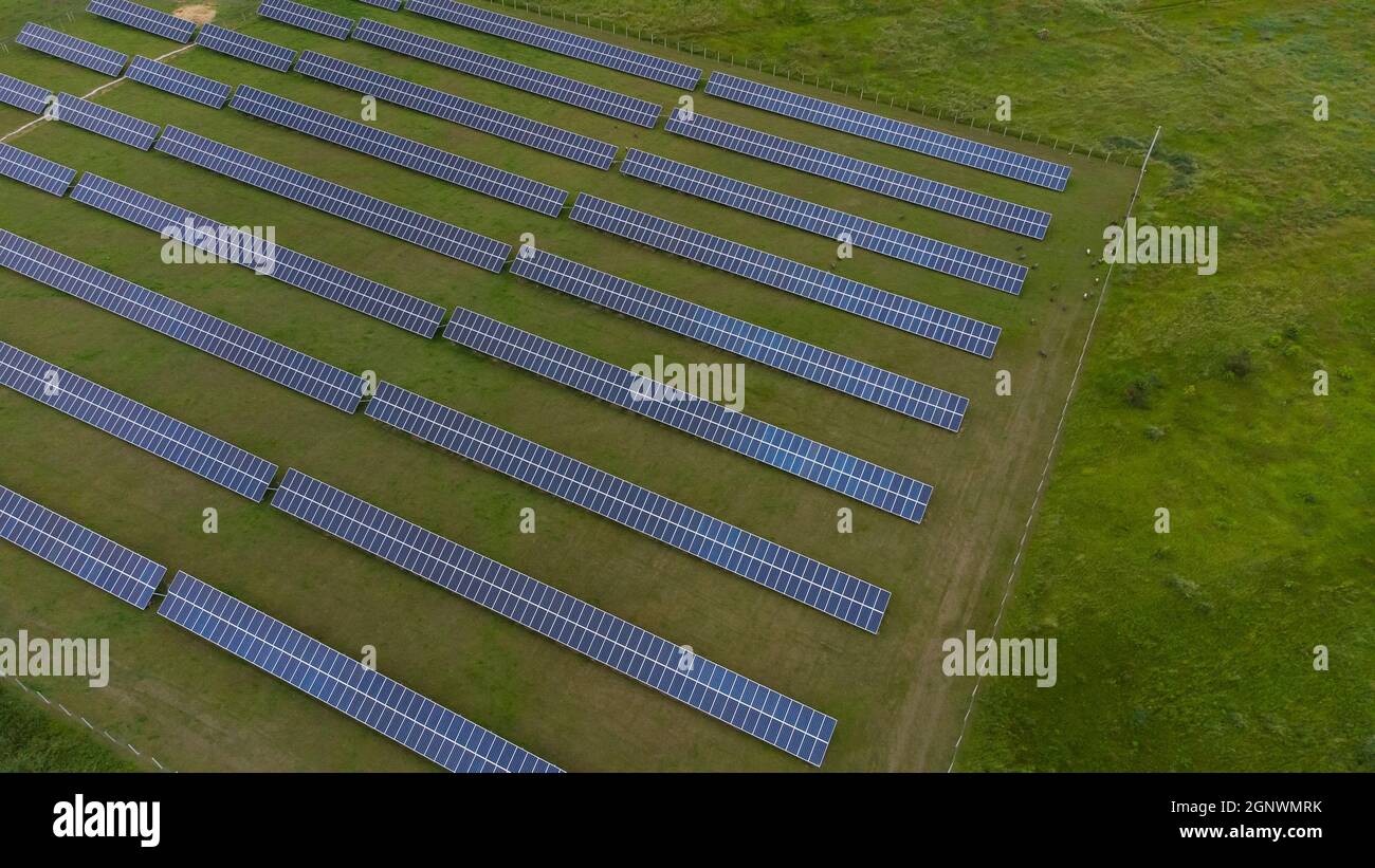 Aerial view of Solar Panels Farm solar cell with sunlight. Drone flight ...