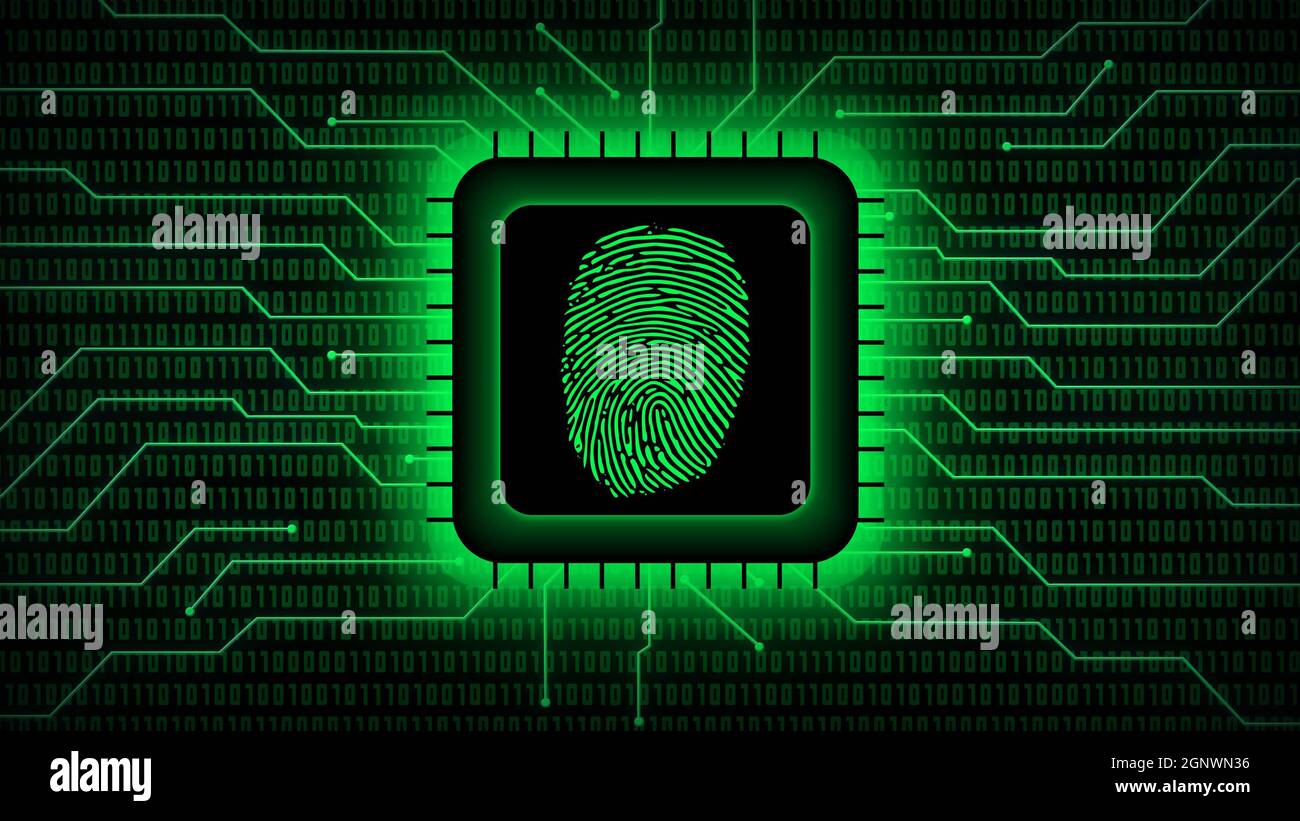 Fingerprint Logo On Chip Sensor Abstract Background In Green Of Blurred Binary Code Behind
