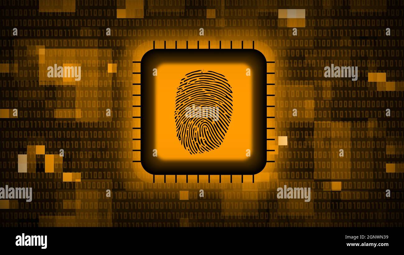 Fingerprint Logo On Chip Sensor Abstract Background In Orange Of Blurred Binary Code 