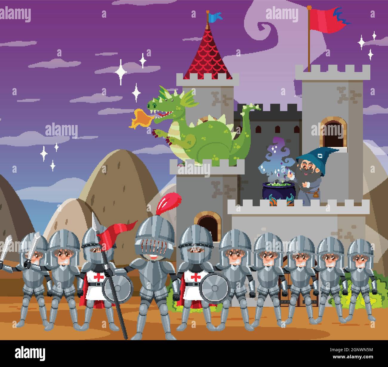 Medieval wizard castle with dragon illustration Stock Vector Image ...