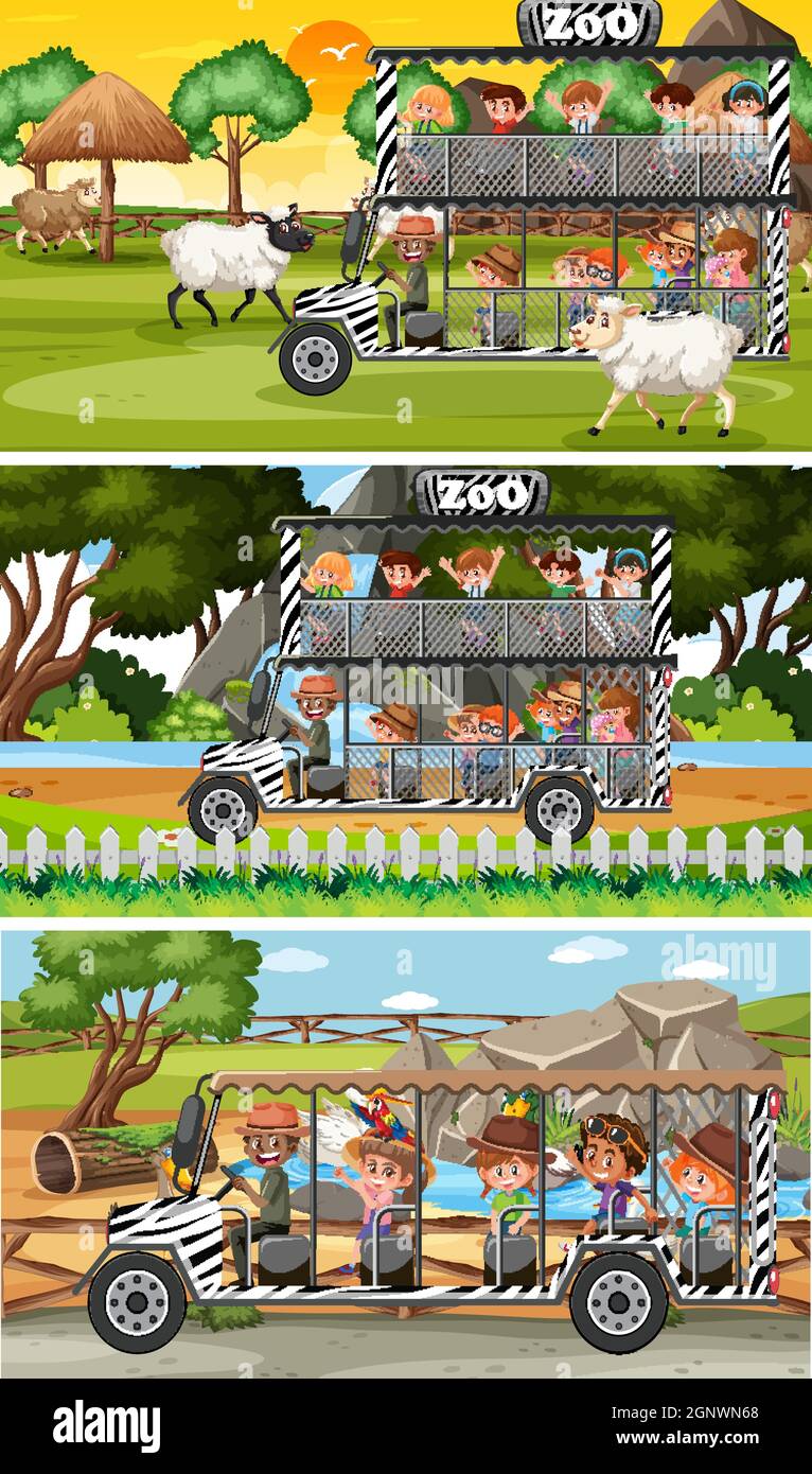 Set of different safari horizontal scenes with animals and kids cartoon ...