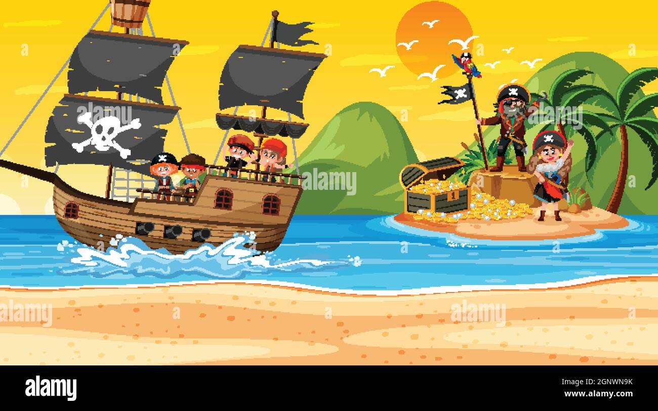 Treasure Island scene at sunset time with Pirate kids illustration ...