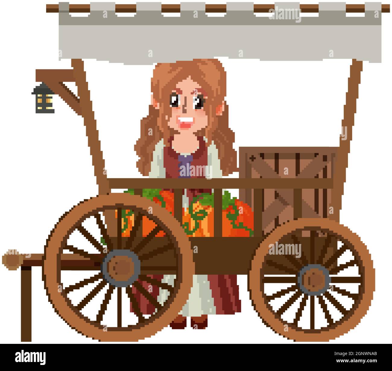 Medieval girl with pumpkins in a cart illustration Stock Vector Image ...