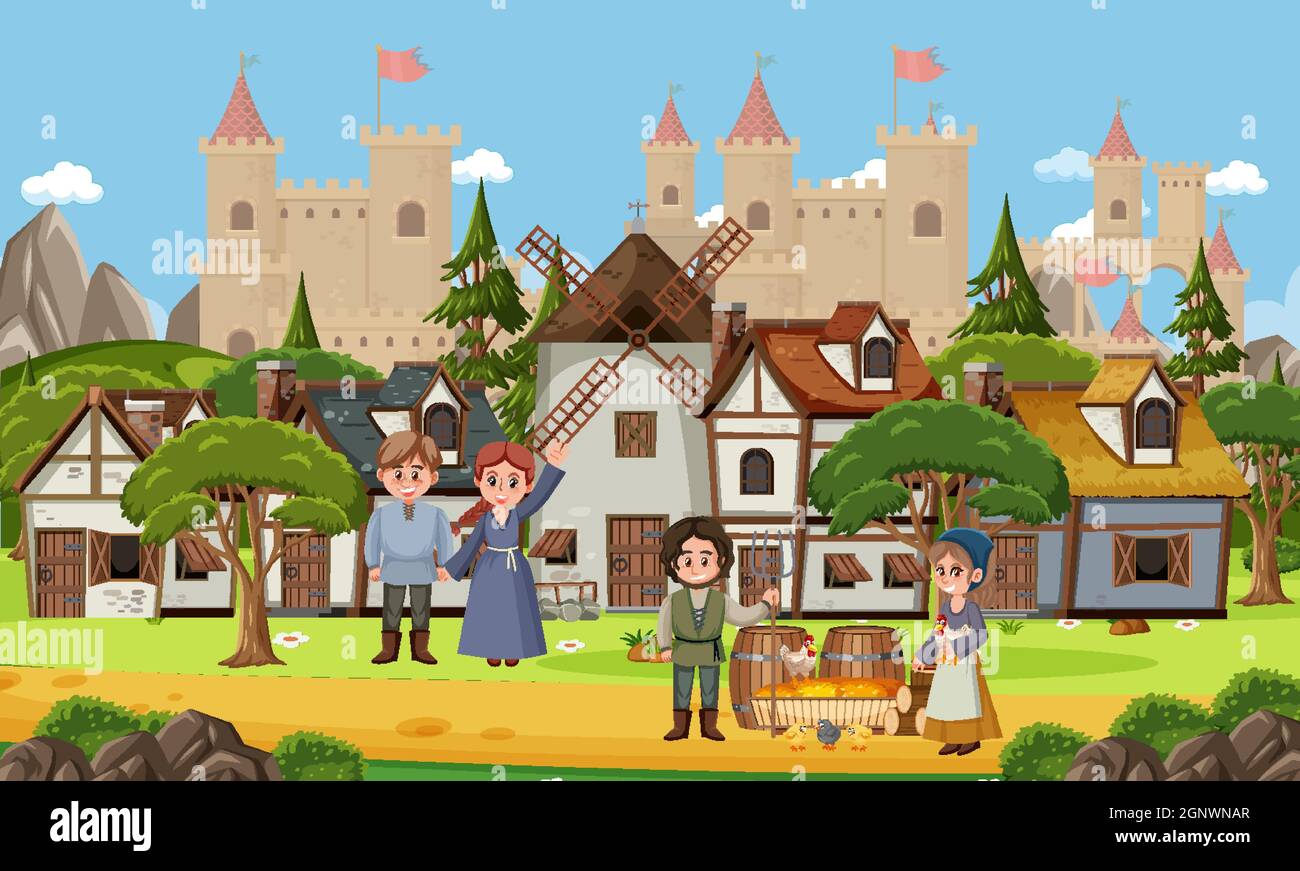 Medieval town scene with villagers illustration Stock Vector Image ...