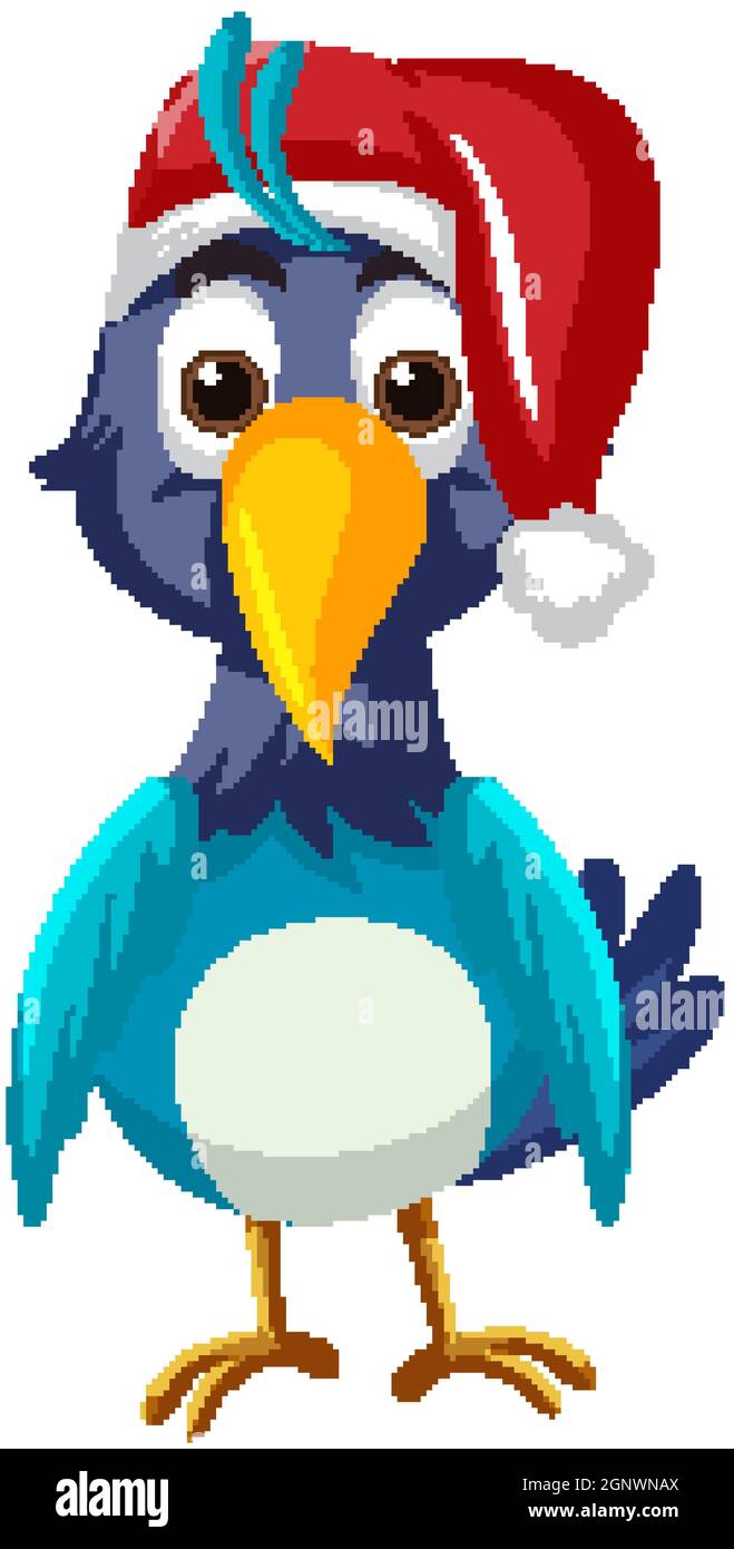 Blue bird wearing Christmas hat cartoon character illustration Stock ...