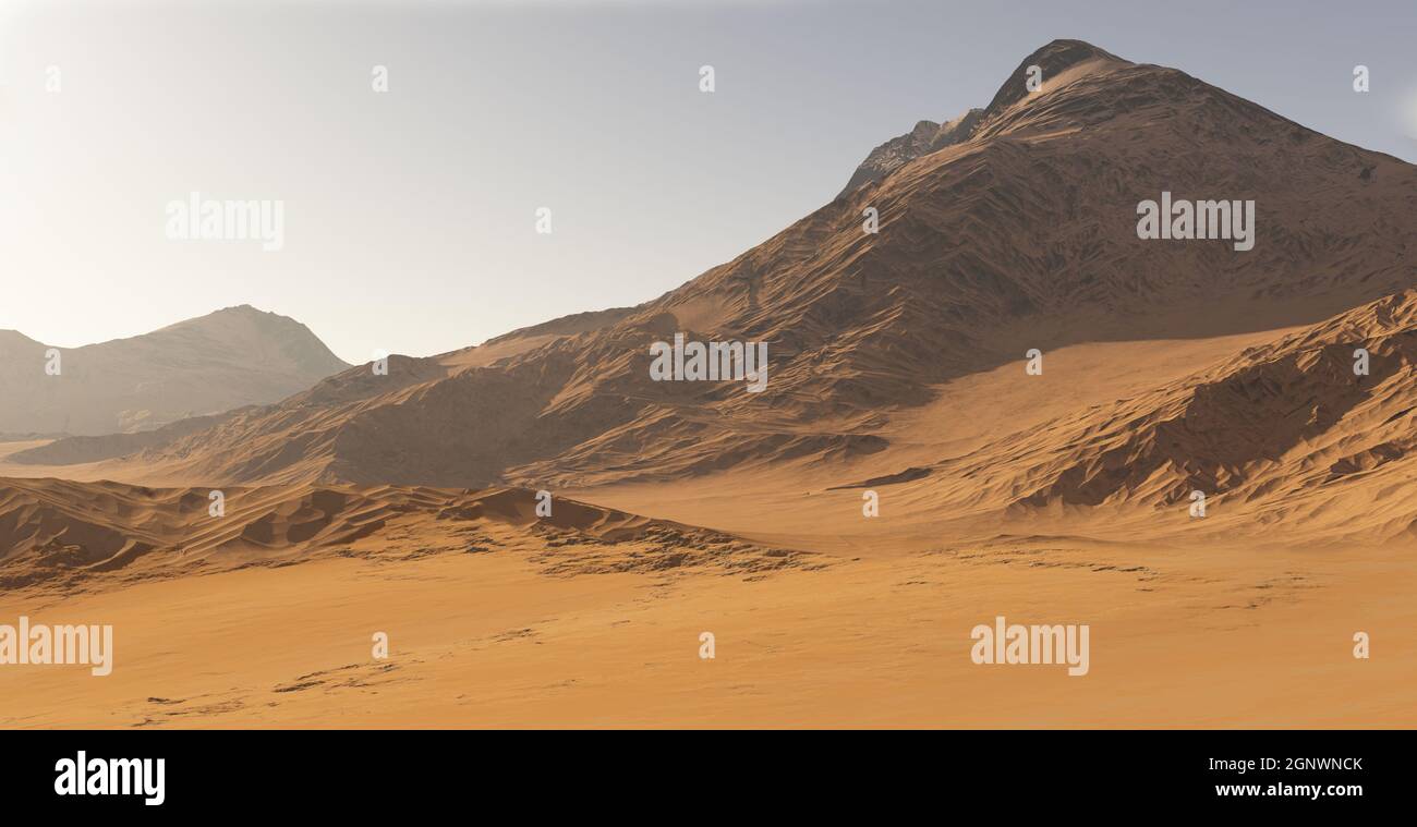 Mars the red planet. Martian landscape and dust in the atmosphere. 3D ...