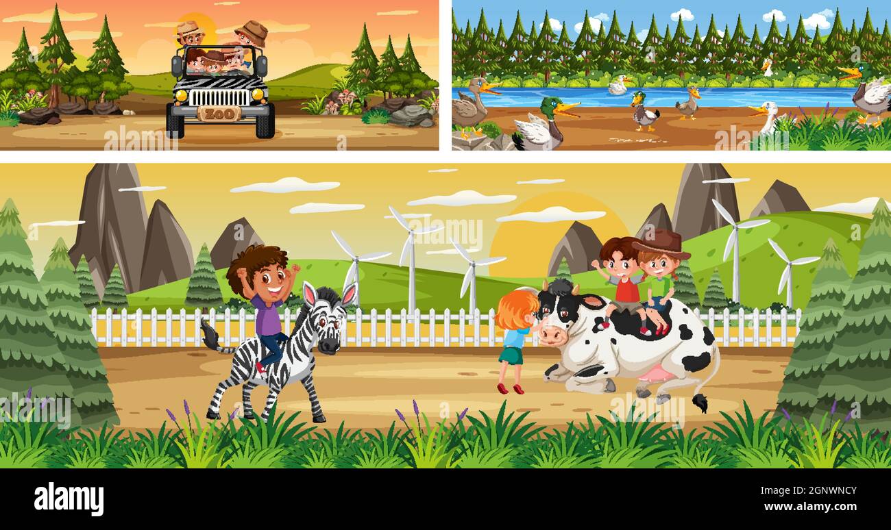 Set of different outdoor landscape scenes with cartoon character ...