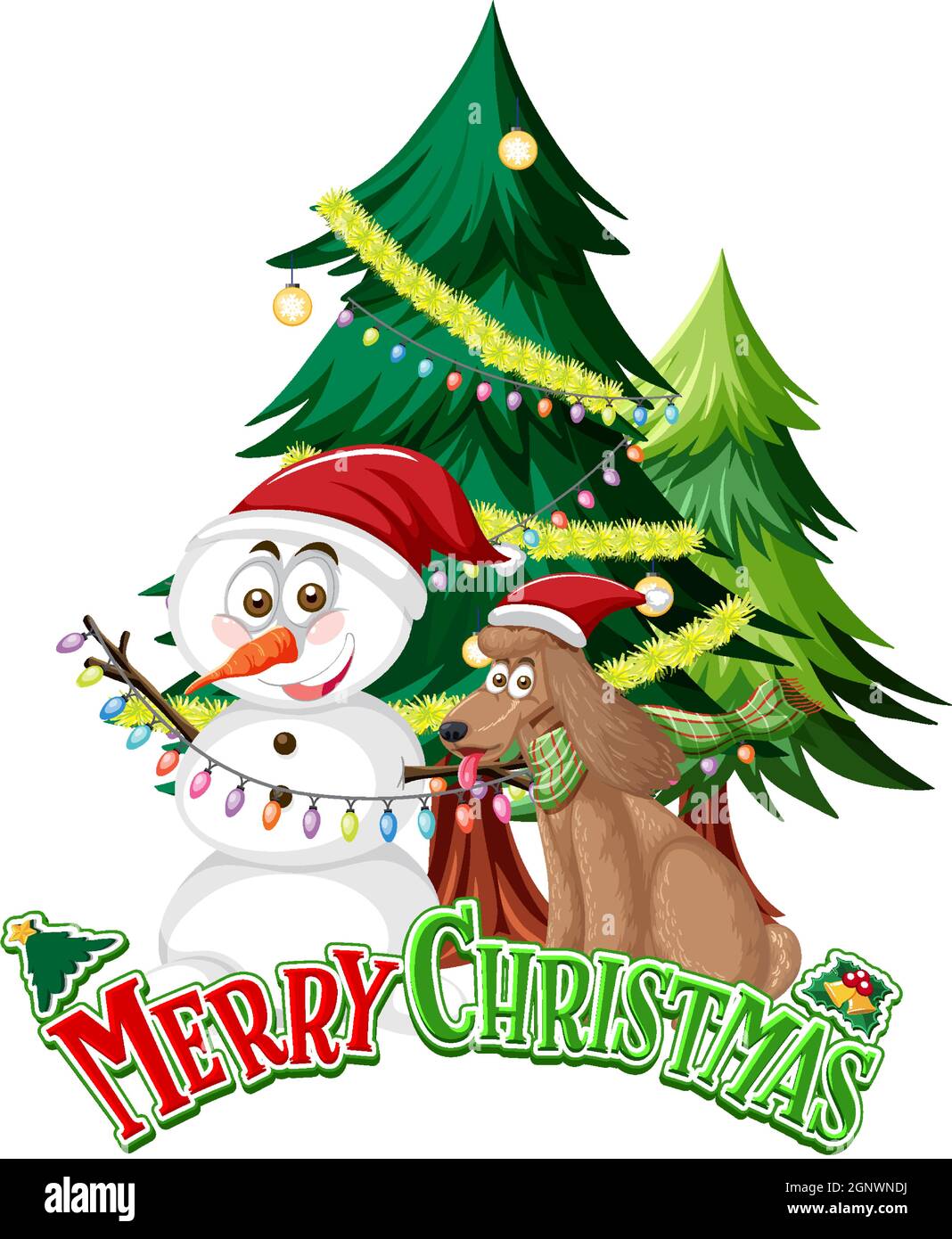 Merry Christmas text logo with Snowman and Christmas tree illustration ...