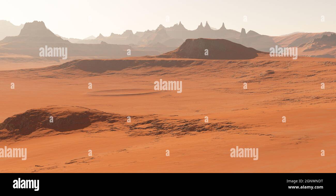 Mars - the red planet. Martian landscape and dust in the atmosphere. 3D ...