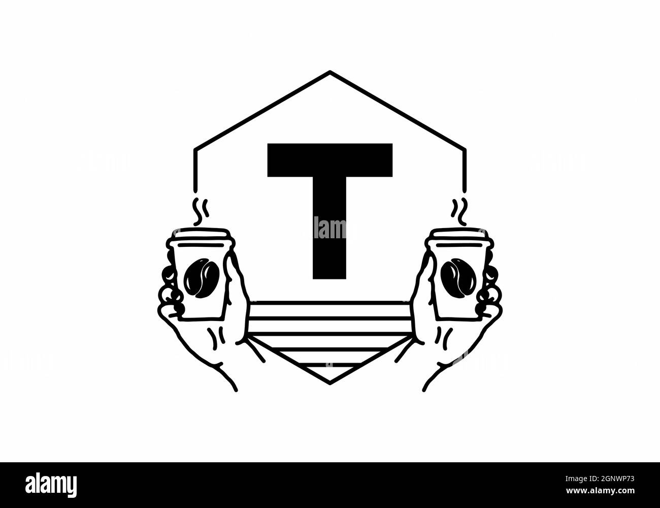 Hand holding a coffee cup line art with T initial letter design Stock ...