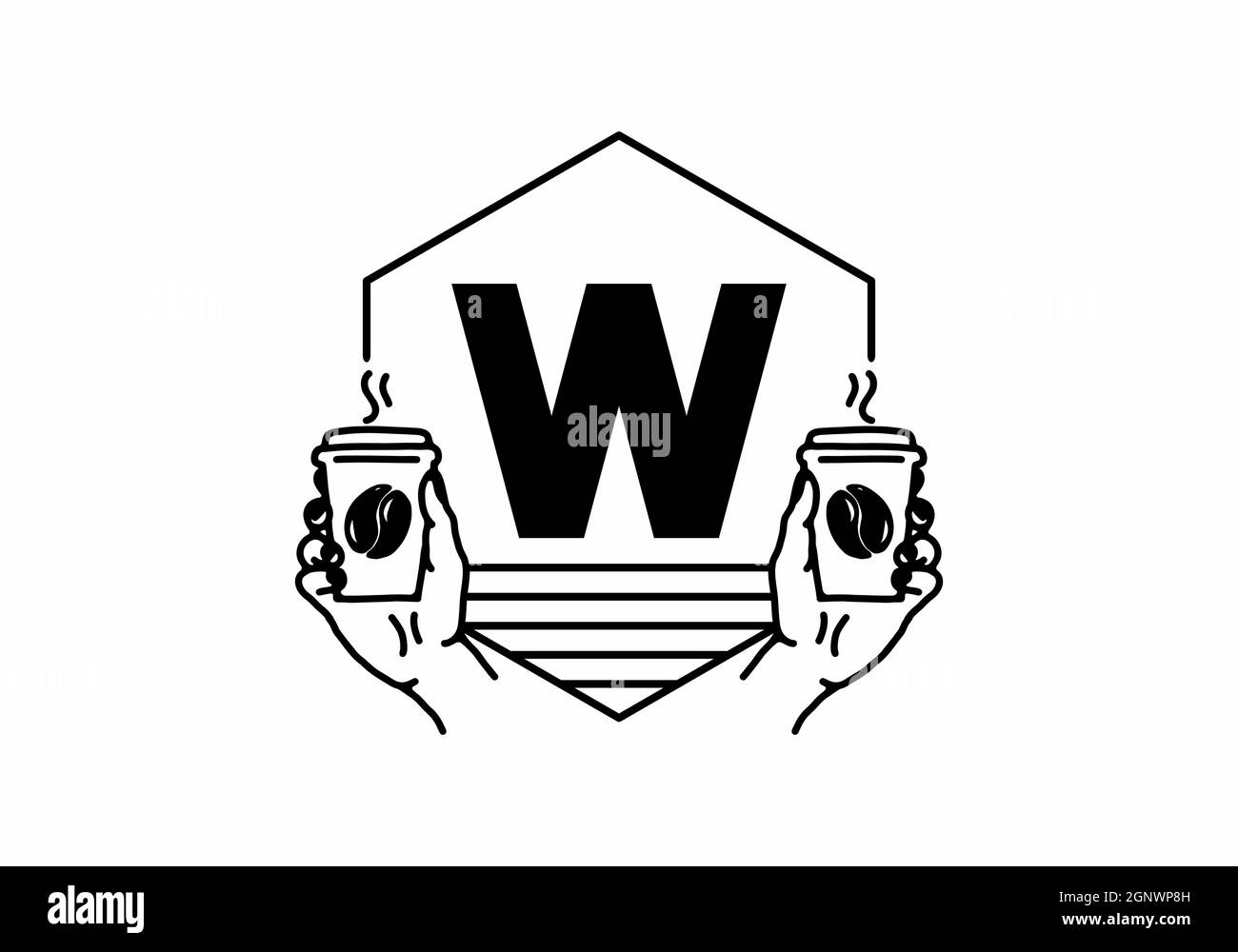 Hand holding a coffee cup line art with W initial letter design Stock ...