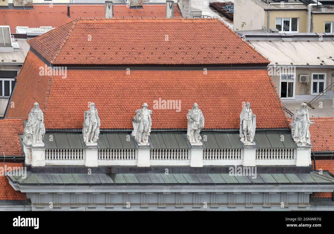 Statues on facade of the old city building in Zagreb, Croatia Stock ...
