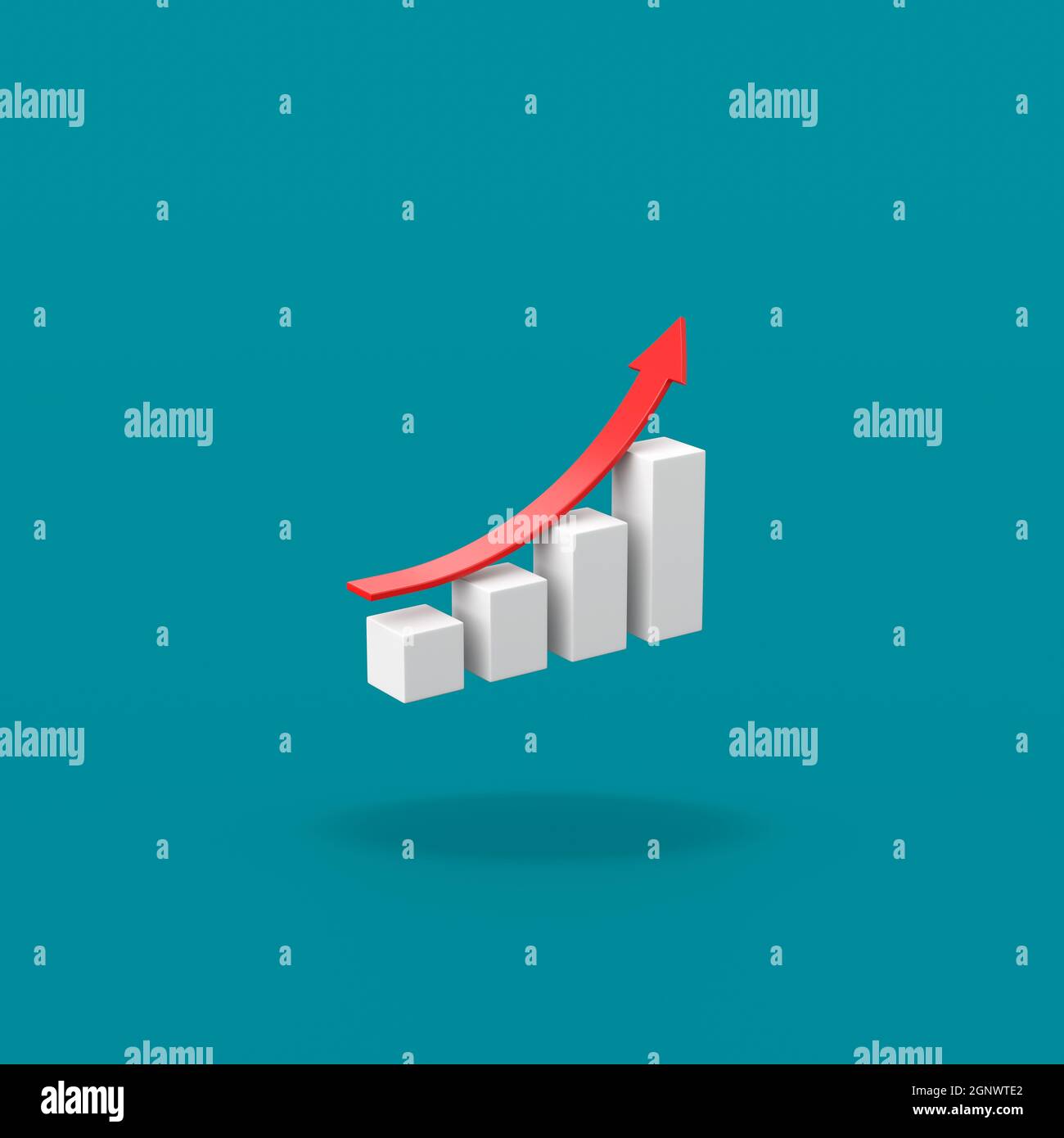 Growing Bar Chart with Rising Red Arrow on Flat Blue Background with ...