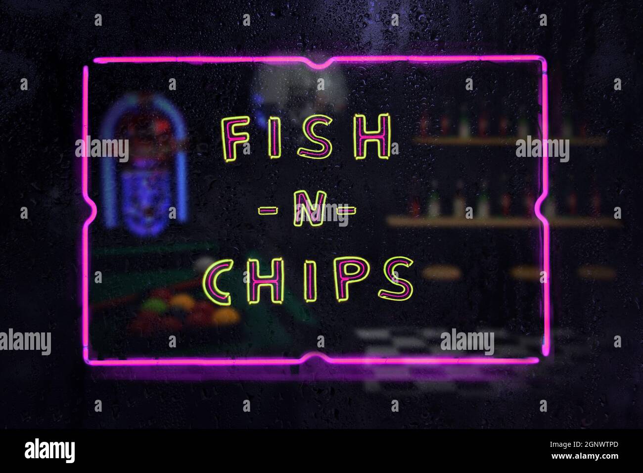 Fish N Chips Sign in Rainy Window Stock Photo - Alamy