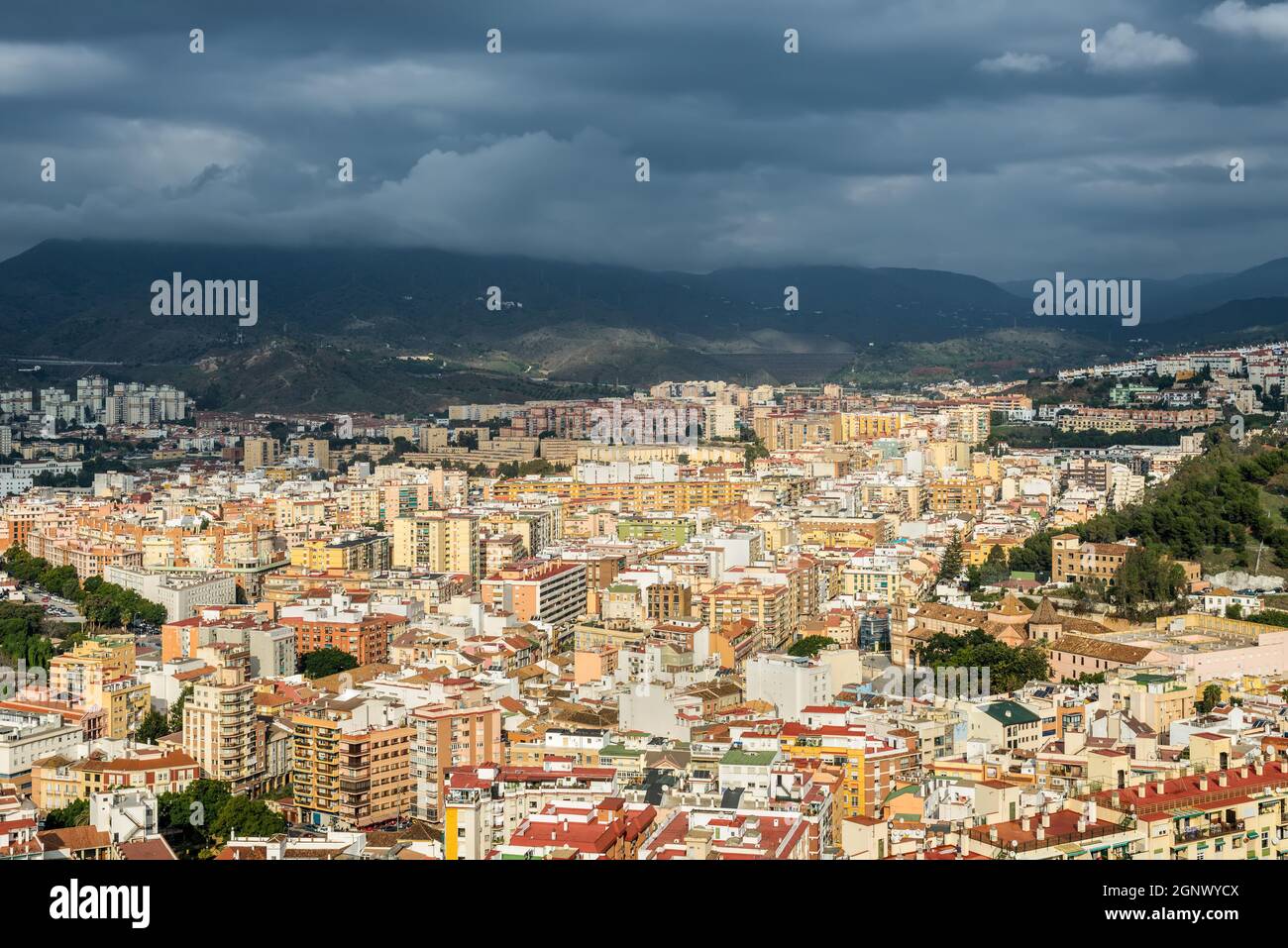 Cityscape aerial view of Malaga before the rain, Andalusia, Spain Stock ...