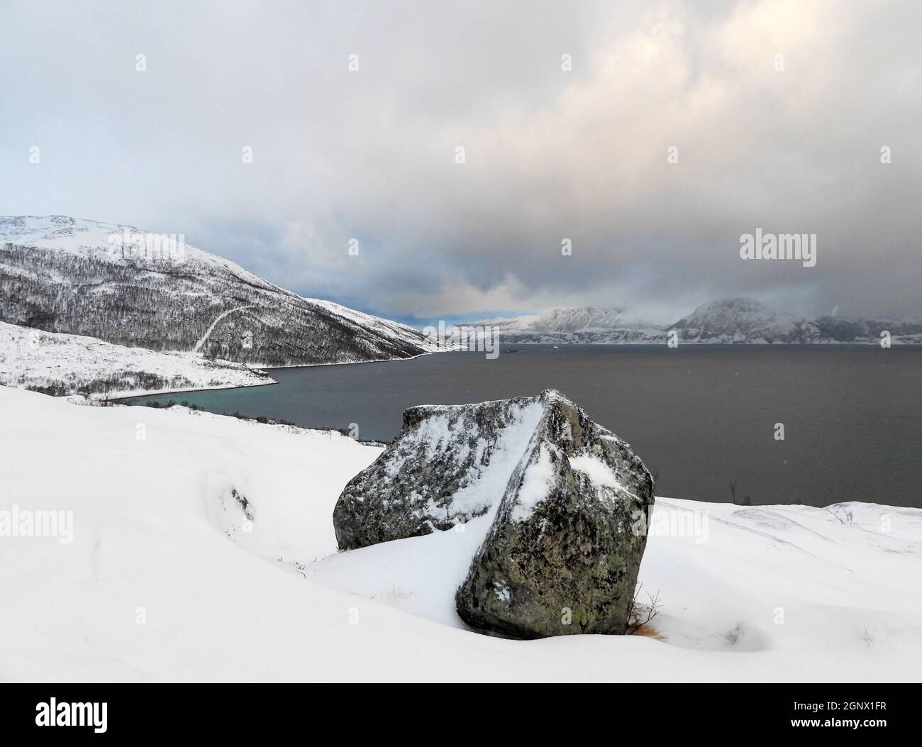Landscape in wintertime oon the island Kvaloya in Norway Stock Photo ...
