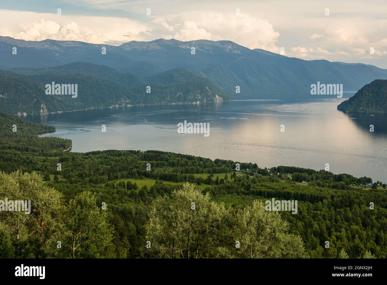 Lake Teletskoye with calm water on a summer day Stock Photo - Alamy