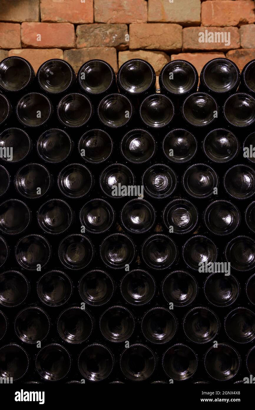 Area of stacked wine bottles in wine cellar, South Moravia Czech ...