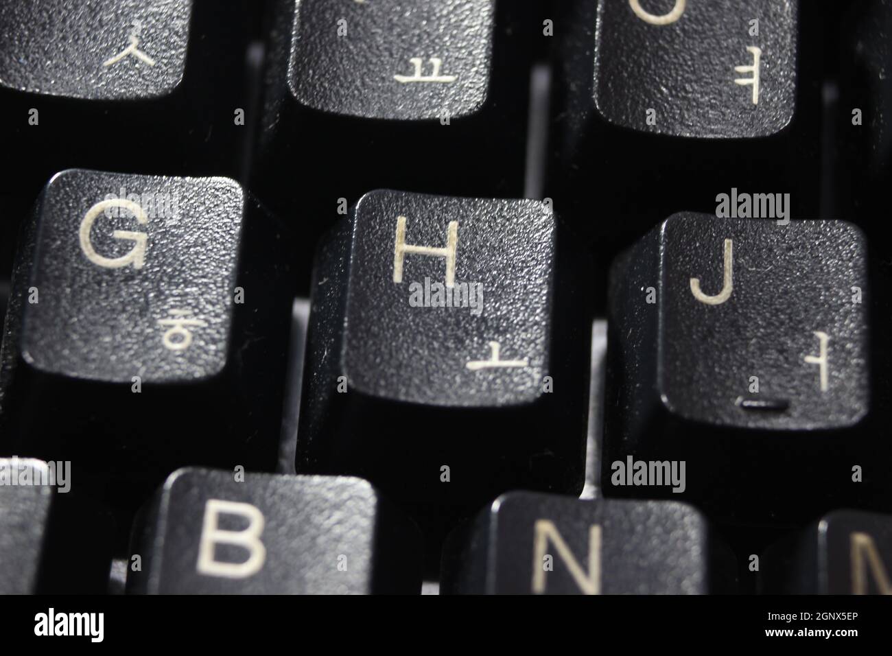 Closeup of laptop computer keyboard black keys with white letters and ...
