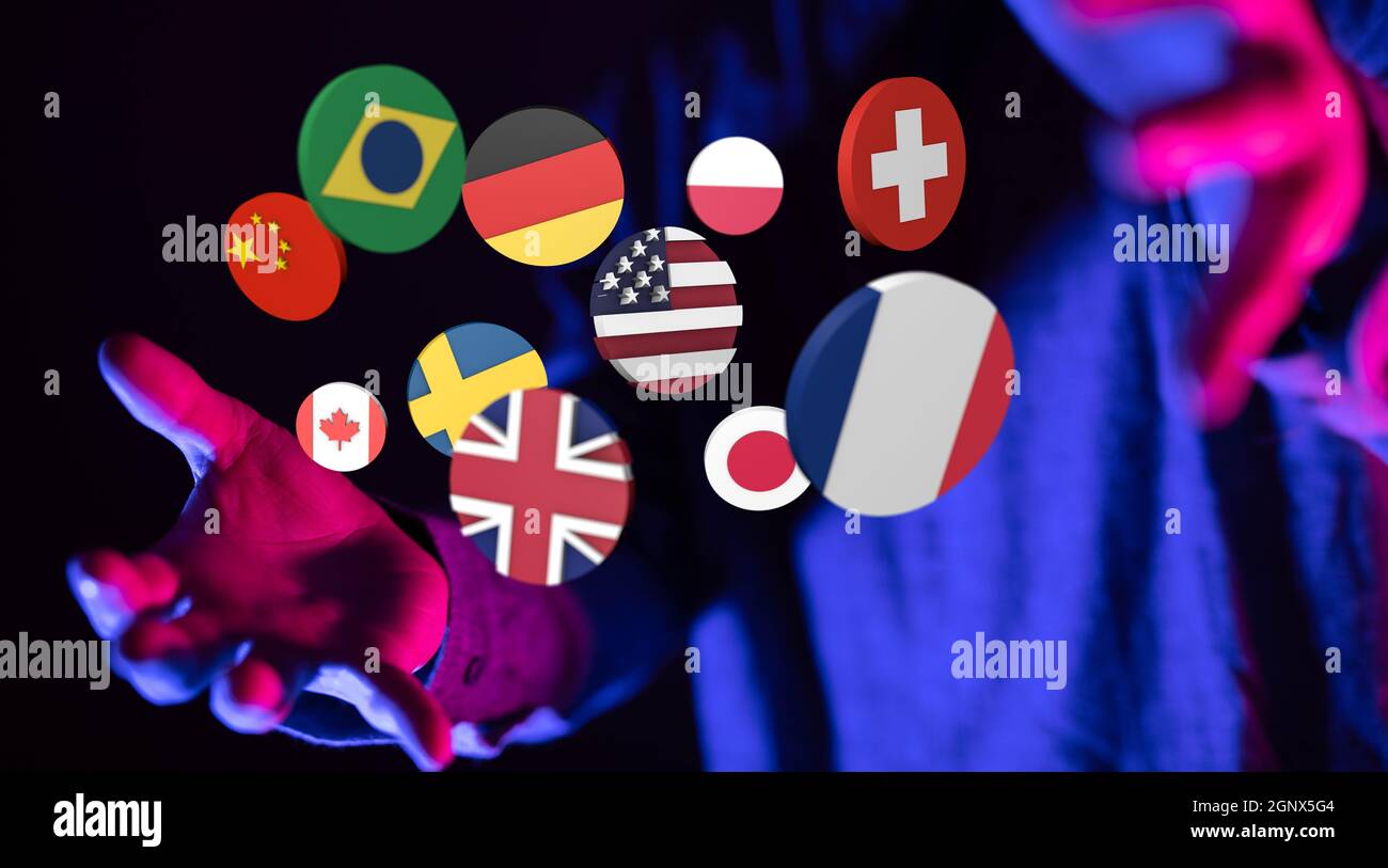 3d rendering of different countries' flags between human hands under a ...