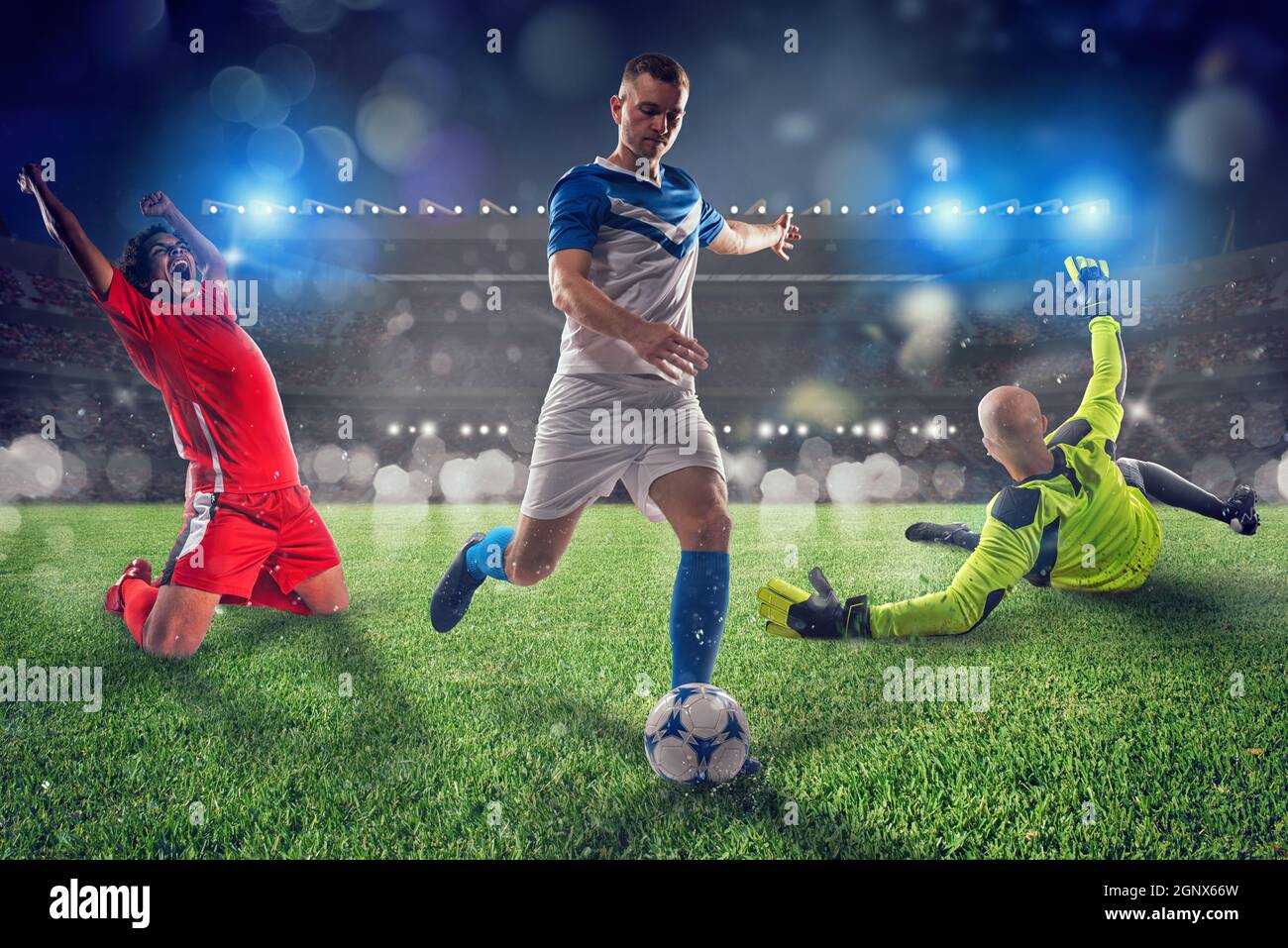 Football scene with competing football players at the stadium Stock ...