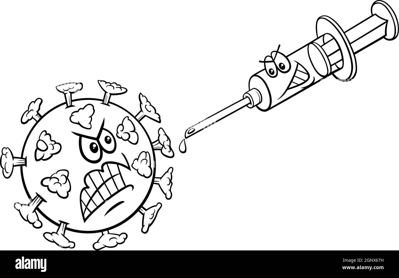 coronavirus and vaccine in syringe cartoon coloring book page Stock ...