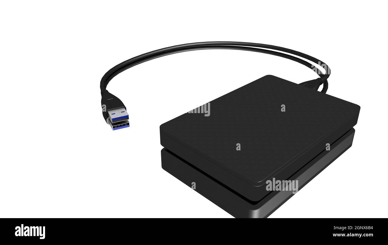 Portable external hard disk drive with USB cable on white background ...