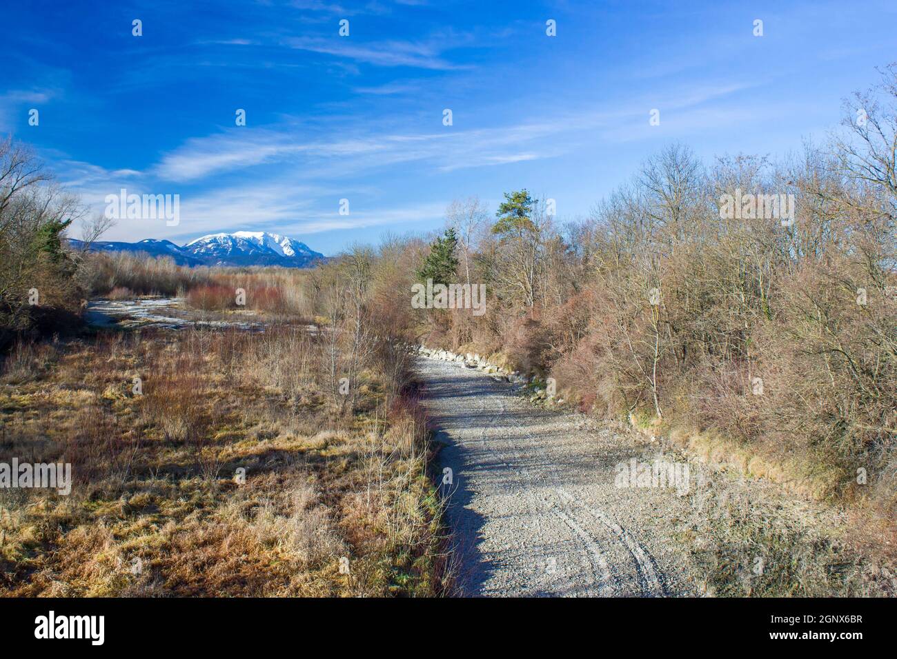 Dry river Schwarza in Bad Erlach and view of Rax Mountain in Lower ...