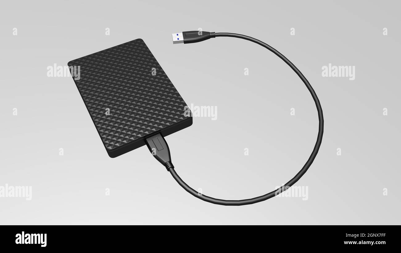 Portable external hard disk drive with USB cable on white background ...