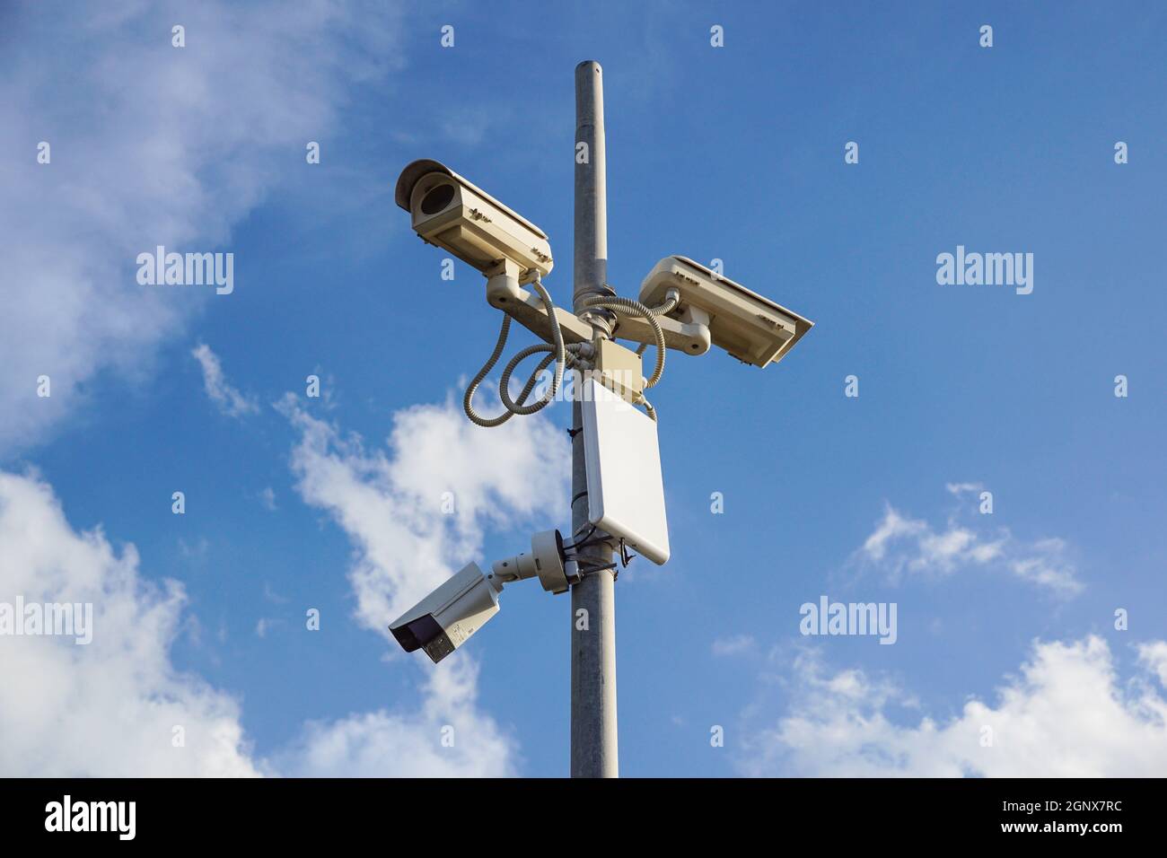 Security cctv cameras in front of blue sky Stock Photo - Alamy