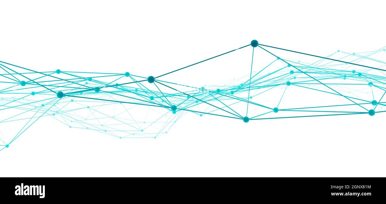 Network wireframe of connected turquoise lines and dots against white ...