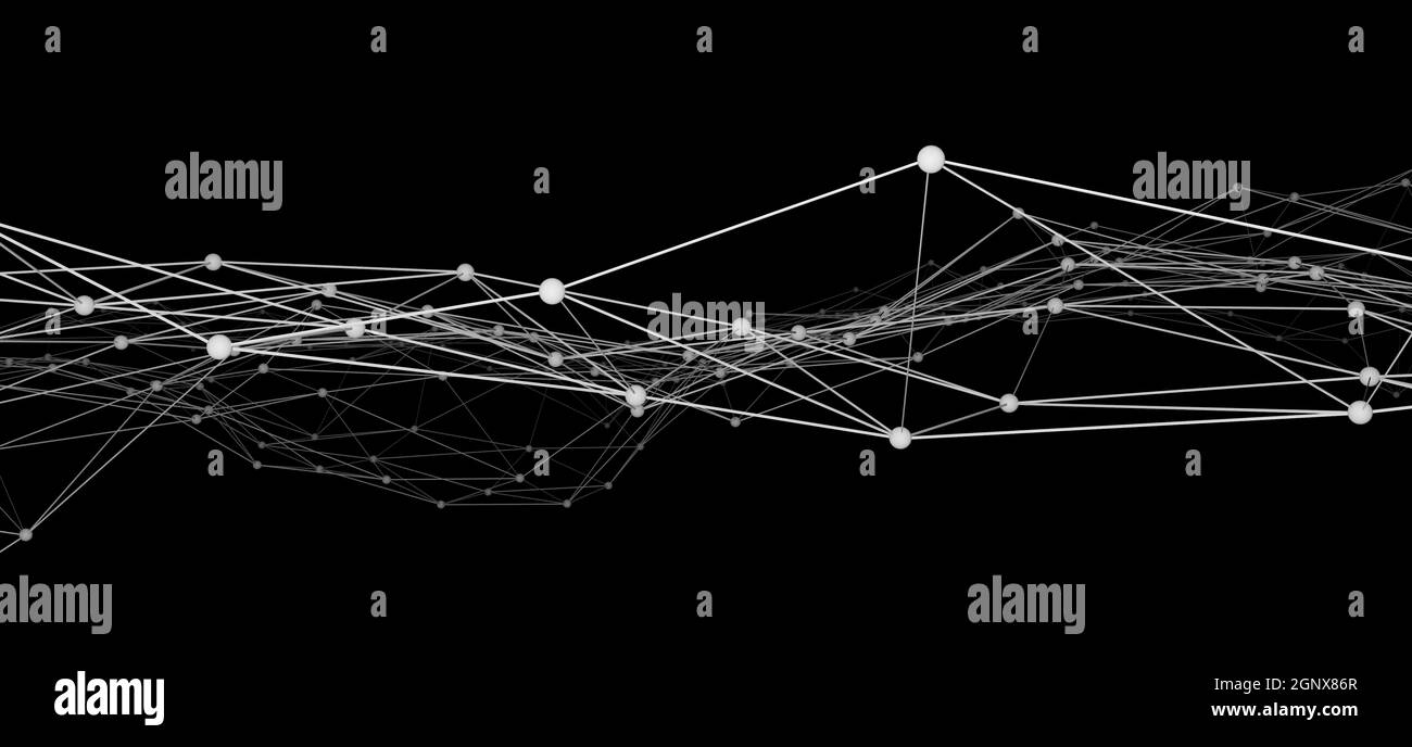 Network wireframe of connected white lines and dots against black ...